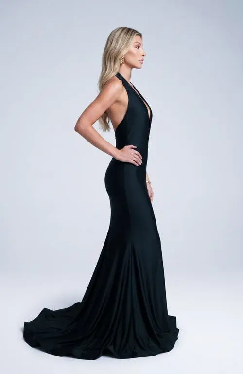 JESSICA ANGEL Plunging Halter Neck Mermaid Evening Gown - Black