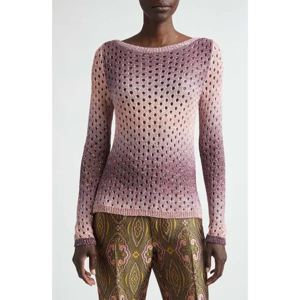 Etro Sequin Embellished Open Stitch Ombré Sweater - Plum