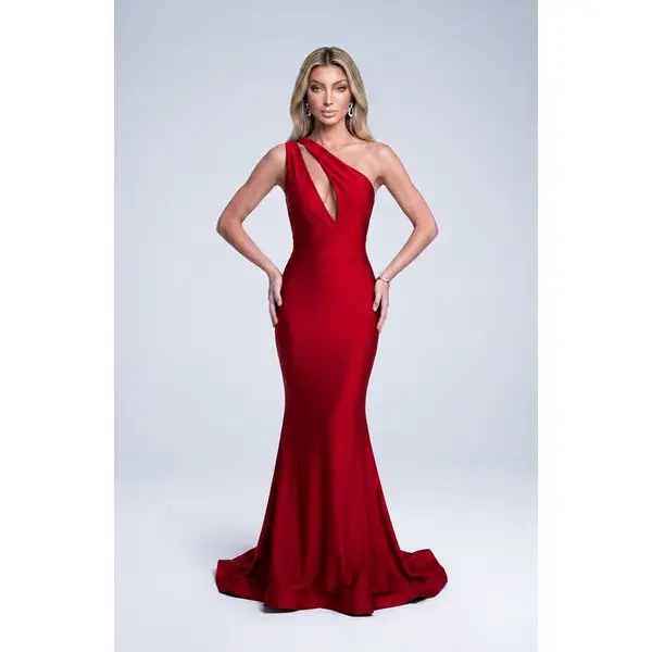 JESSICA ANGEL Asymmetrical Cutout Mermaid Evening Gown - Red