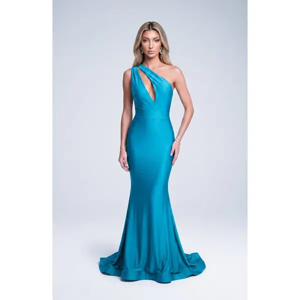 JESSICA ANGEL Asymmetrical Cutout Mermaid Evening Gown - Turquoise
