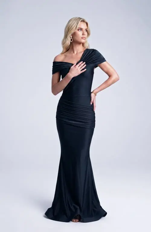 JESSICA ANGEL One-shoulder Twist Ruched Mermaid Evening Gown - Black