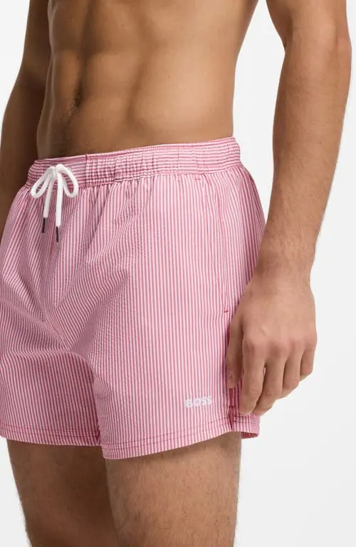 BOSS Seersucker Striped Swim Trunks