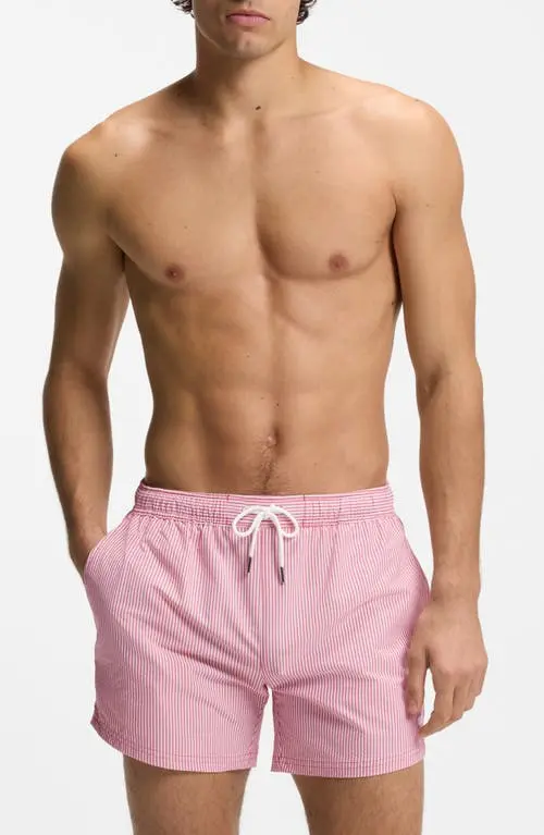 BOSS Seersucker Striped Swim Trunks - Dark Red