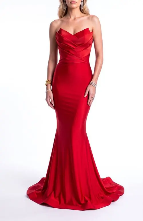 JESSICA ANGEL Strapless Layered Tulip Bodice Mermaid Evening Gown - Red