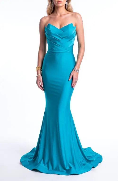 JESSICA ANGEL Strapless Layered Tulip Bodice Mermaid Evening Gown - Turquoise