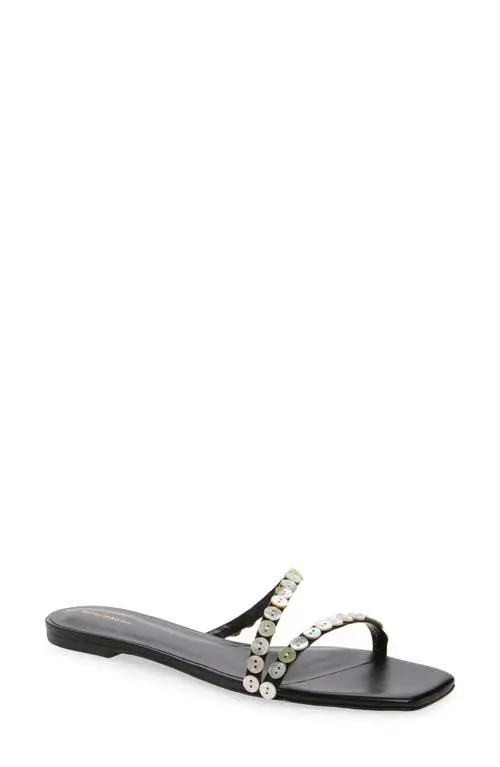 REFORMATION Shoshana Slide Sandal - Black Leather Shell Buttons