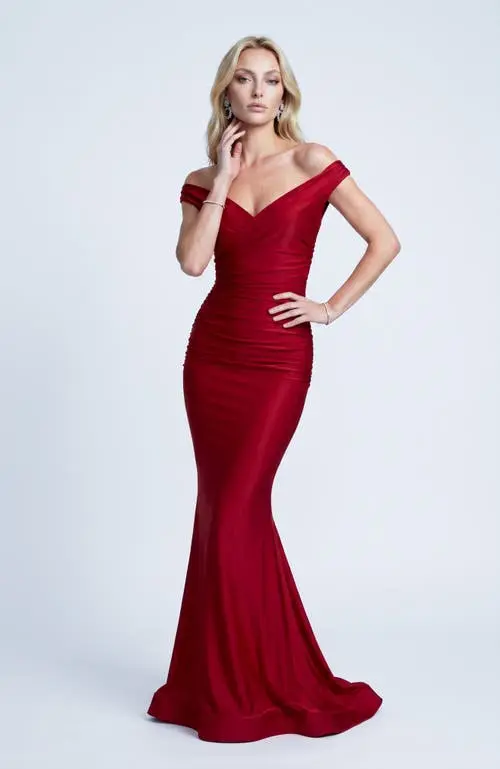 JESSICA ANGEL Ruched Off The Shoulder Flared Gown - Red