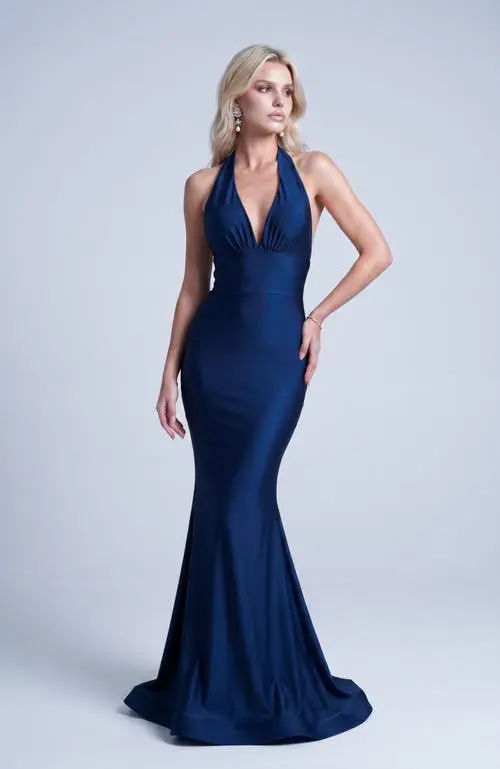 JESSICA ANGEL Plunge Gathered Halter Mermaid Gown - Navy