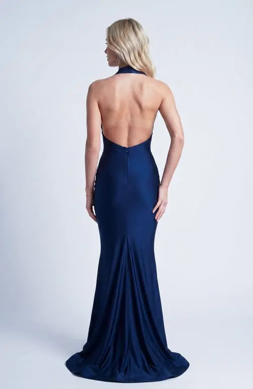 JESSICA ANGEL Plunge Gathered Halter Mermaid Gown - Navy