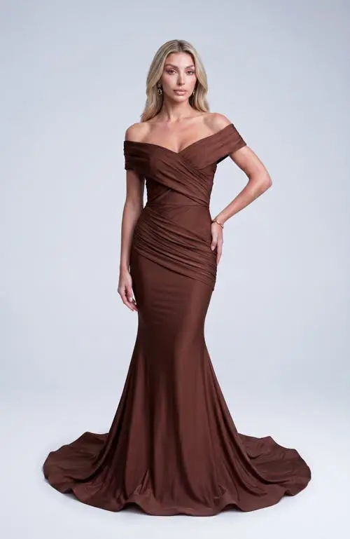 JESSICA ANGEL Off The Shoulder Ruched Mermaid Evening Gown - Brown