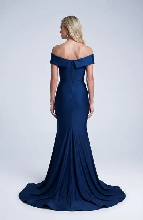 JESSICA ANGEL Off-the-shoulder Ruched Mermaid Evening Gown - Navy