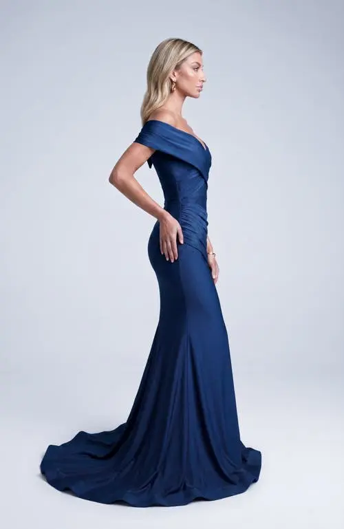 JESSICA ANGEL Off-the-shoulder Ruched Mermaid Evening Gown - Navy