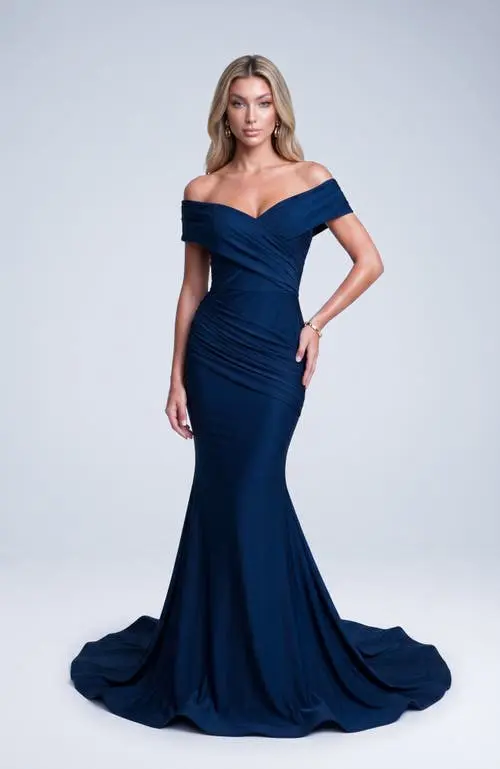 JESSICA ANGEL Off-the-shoulder Ruched Mermaid Evening Gown - Navy