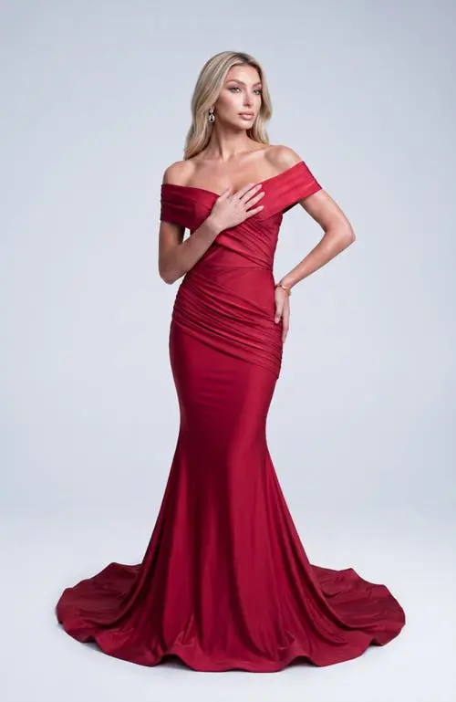 JESSICA ANGEL Off The Shoulder Ruched Mermaid Evening Gown - Red