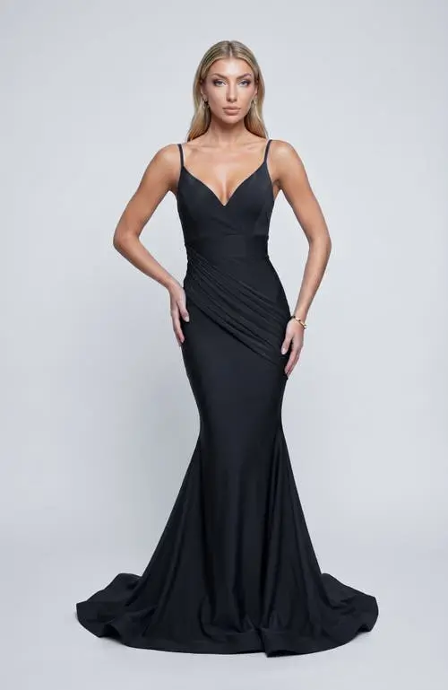 JESSICA ANGEL Ruched Plunge Neck Mermaid Evening Gown - Black