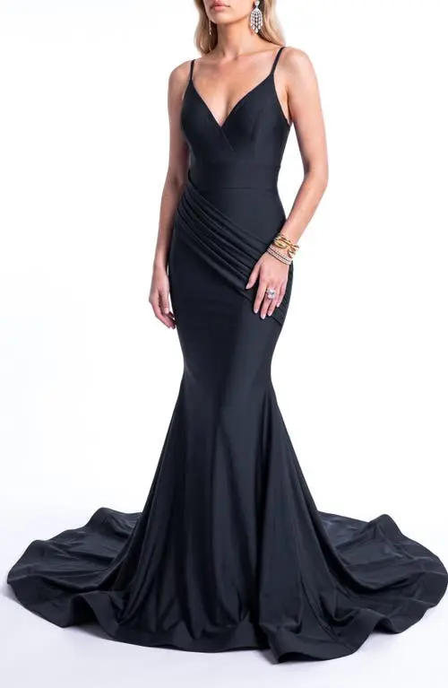 JESSICA ANGEL Ruched Plunge Neck Mermaid Evening Gown - Black