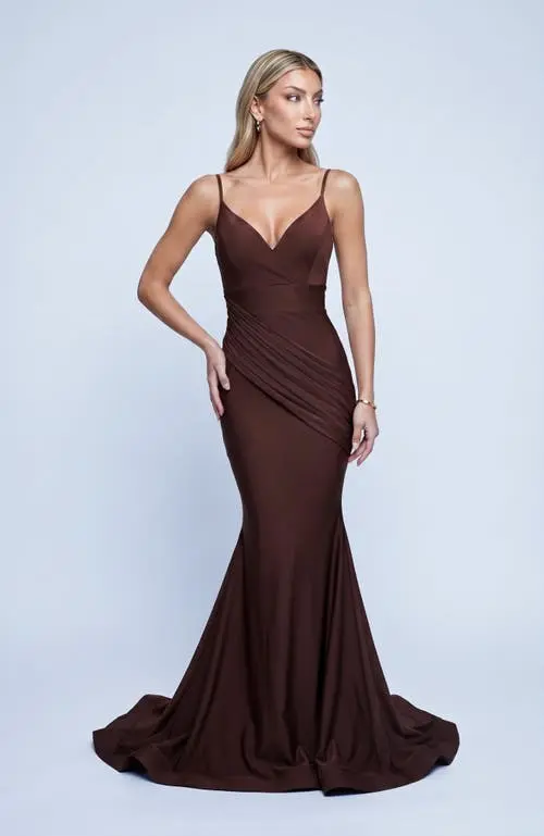 JESSICA ANGEL Ruched Plunge Neck Mermaid Evening Gown - Brown