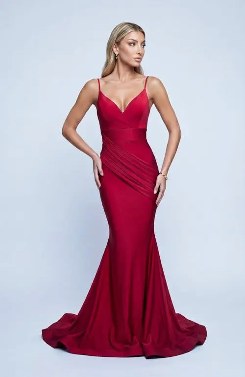 JESSICA ANGEL Ruched Plunge Neck Mermaid Evening Gown - Red