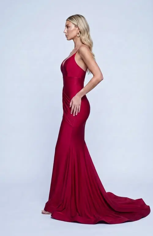 JESSICA ANGEL Ruched Mermaid Evening Gown - Red