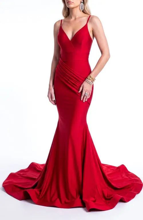 JESSICA ANGEL Ruched Plunge Neck Mermaid Evening Gown - Red