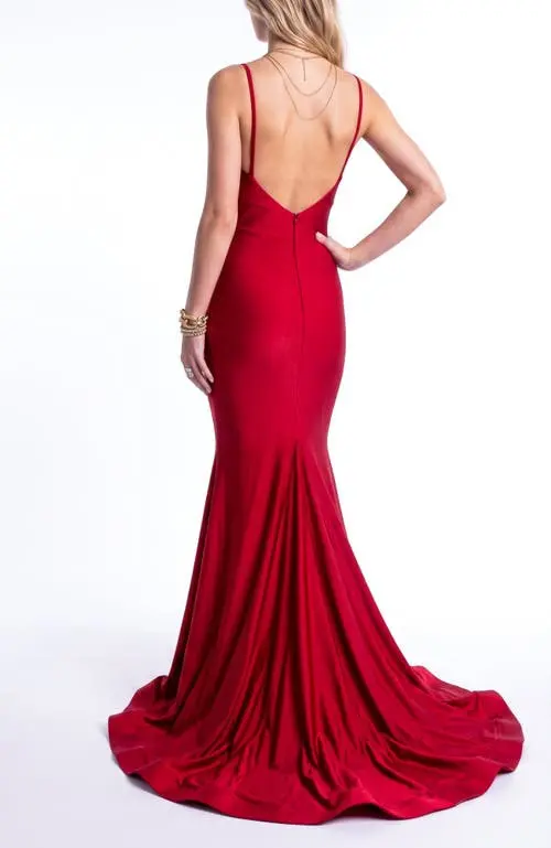 JESSICA ANGEL Ruched Plunge Neck Mermaid Evening Gown - Red