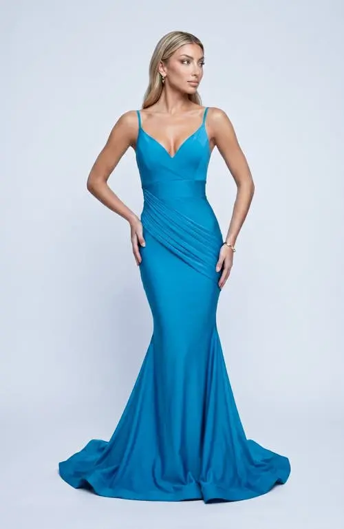 JESSICA ANGEL Ruched Plunge Neck Mermaid Evening Gown - Turquoise