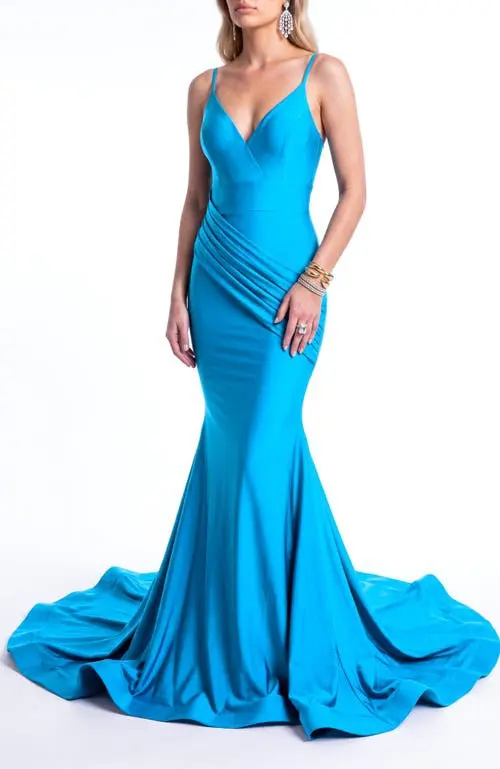 JESSICA ANGEL Ruched Plunge Neck Mermaid Evening Gown - Turquoise