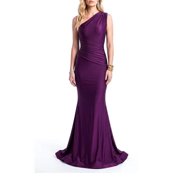 JESSICA ANGEL One Shoulder Ruched Mermaid Gown - Grape