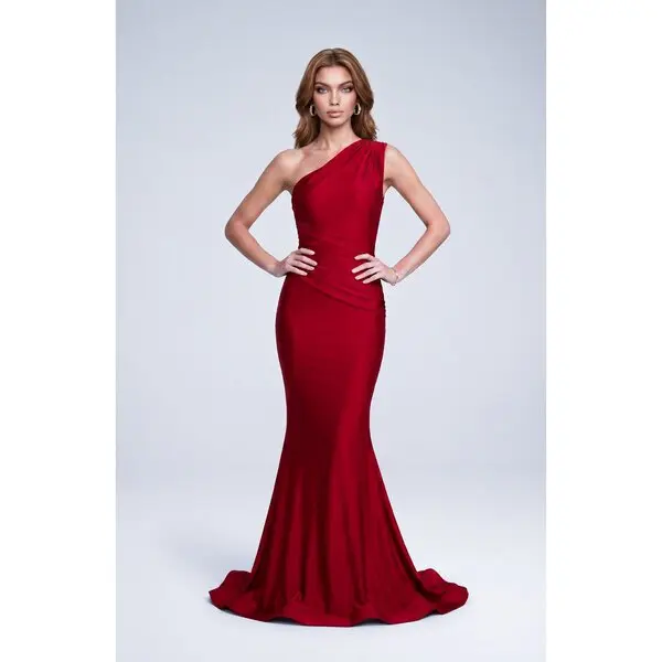 JESSICA ANGEL One Shoulder Ruched Mermaid Evening Gown - Red