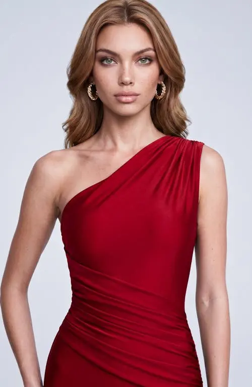 JESSICA ANGEL One Shoulder Ruched Mermaid Evening Gown - Red