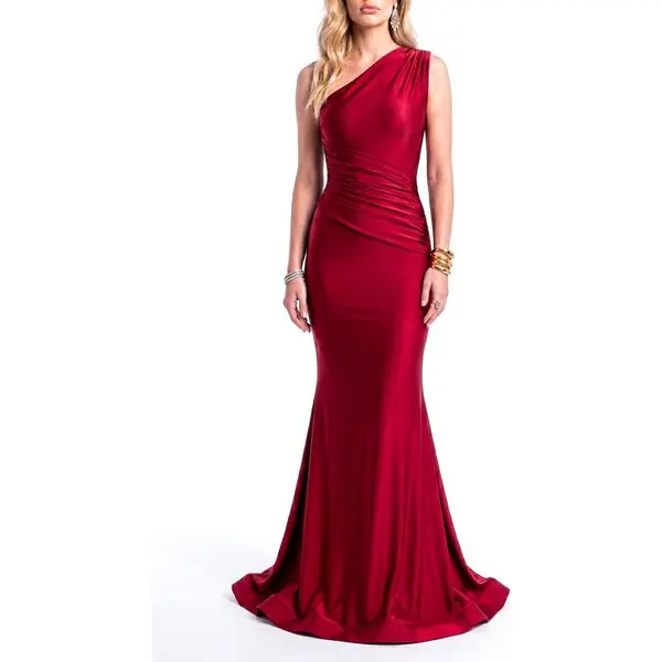 JESSICA ANGEL One Shoulder Ruched Mermaid Gown - Red