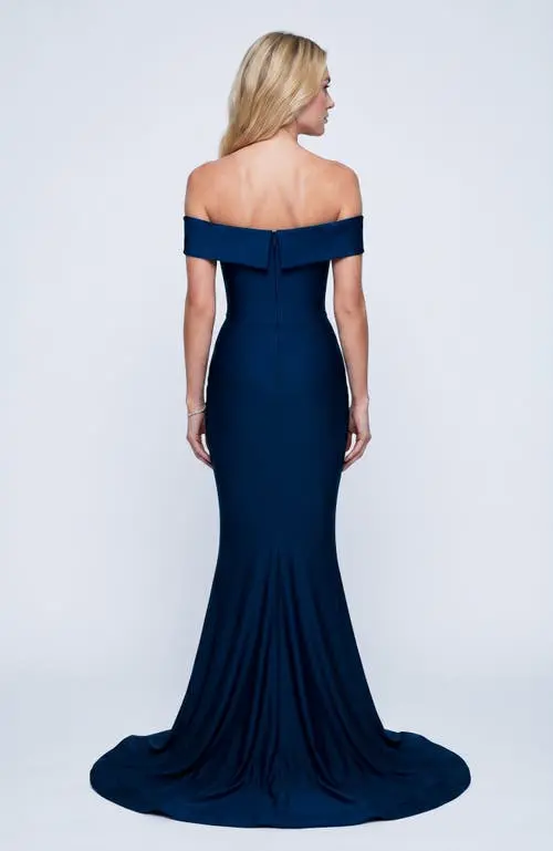 JESSICA ANGEL Off-the-shoulder Sculpted Mermaid Evening Gown - Navy