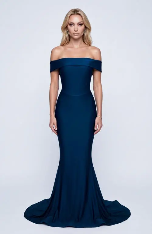 JESSICA ANGEL Off-the-shoulder Sculpted Mermaid Evening Gown - Navy