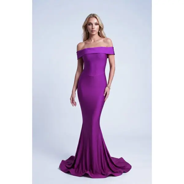 JESSICA ANGEL Off The Shoulder Sculpted Mermaid Evening Gown - Plum