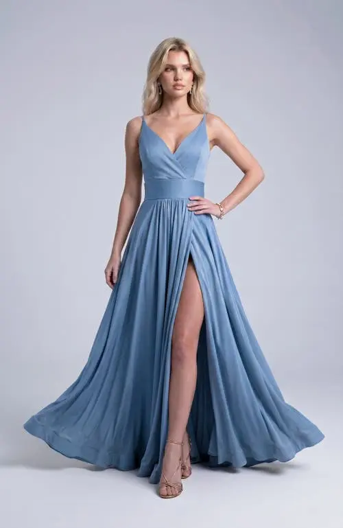 JESSICA ANGEL Cross Front Neck Empire Waist Satin Gown - Atlantic Blue