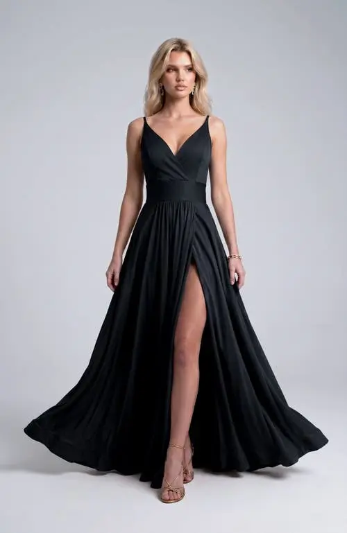 JESSICA ANGEL Cross Front Neck Empire Waist Satin Gown - Black