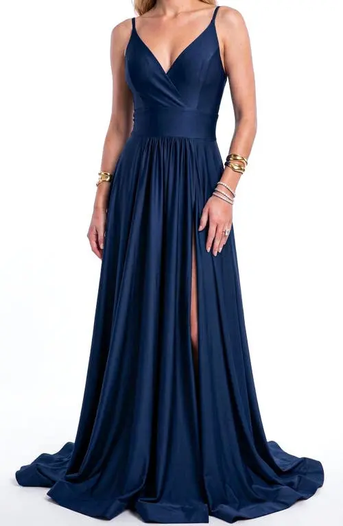 JESSICA ANGEL Cross Front Neck Empire Waist Satin Gown - Navy