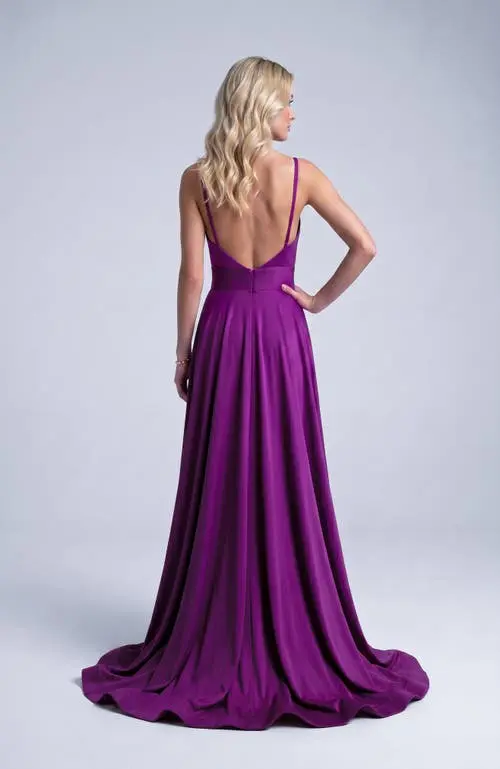 JESSICA ANGEL Cross Front Neck Empire Waist Satin Gown - Plum