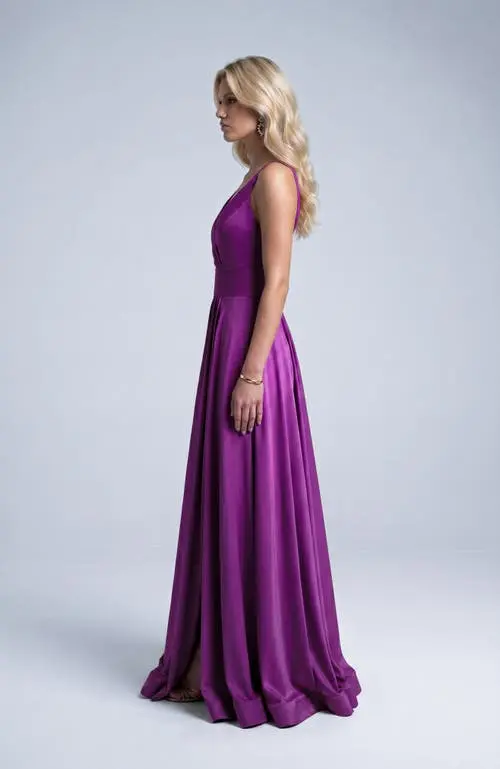 JESSICA ANGEL Cross Front Neck Empire Waist Satin Gown - Plum
