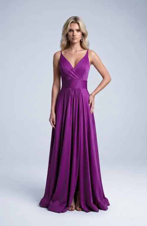 JESSICA ANGEL Cross Front Neck Empire Waist Satin Gown - Plum