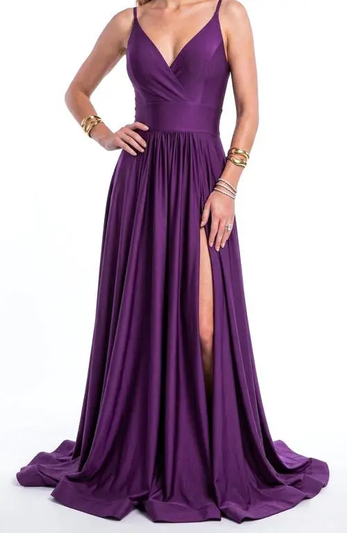 JESSICA ANGEL Cross Front Neck Empire Waist Satin Gown - Plum