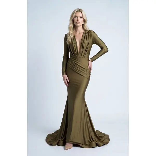 JESSICA ANGEL Long Sleeve Plunge V-neck Ruched Mermaid Gown - Burnt Olive