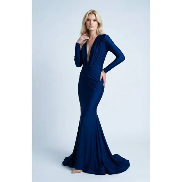 JESSICA ANGEL Long Sleeve Plunge V-neck Ruched Mermaid Gown - Navy