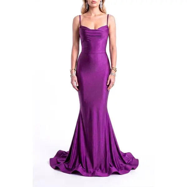JESSICA ANGEL Cowl Neck Lace-up Open Back Mermaid Gown - Plum