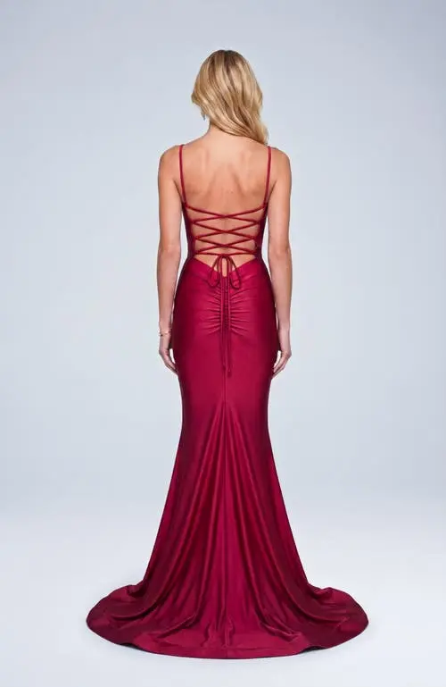 JESSICA ANGEL Cowl Neck Lace-up Open Back Mermaid Gown - Red