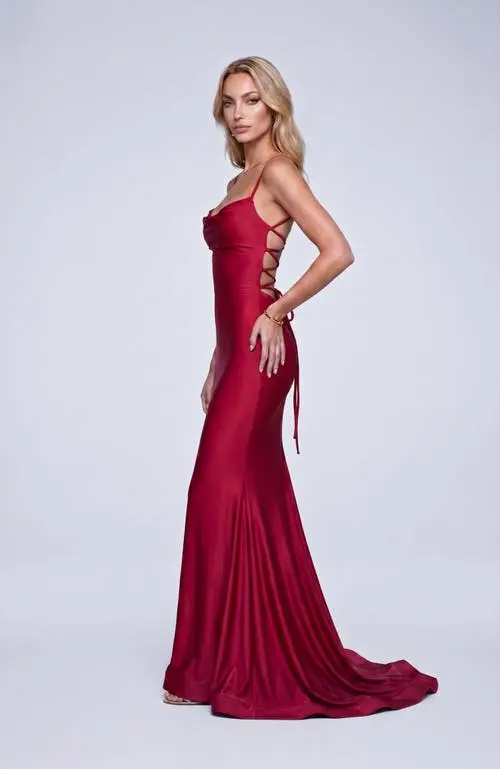JESSICA ANGEL Cowl Neck Lace-up Open Back Mermaid Gown - Red
