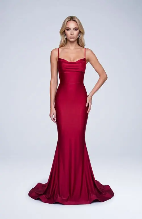 JESSICA ANGEL Cowl Neck Lace-up Open Back Mermaid Gown - Red