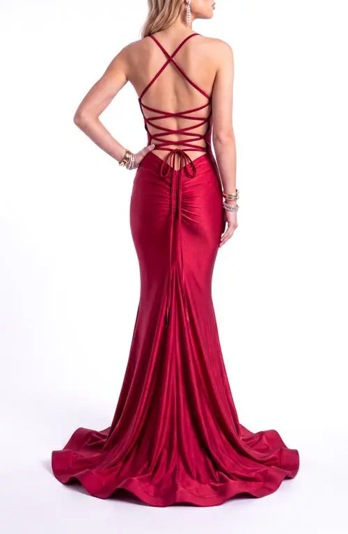 JESSICA ANGEL Cowl Neck Lace-up Open Back Mermaid Gown - Red