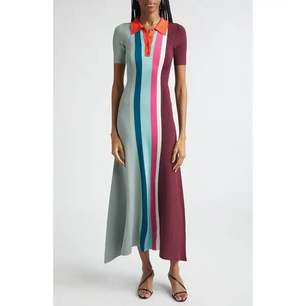 Christopher John Rogers Bowling Colorblock Stripe Rib Polo Sweater Dress - Sage Multi