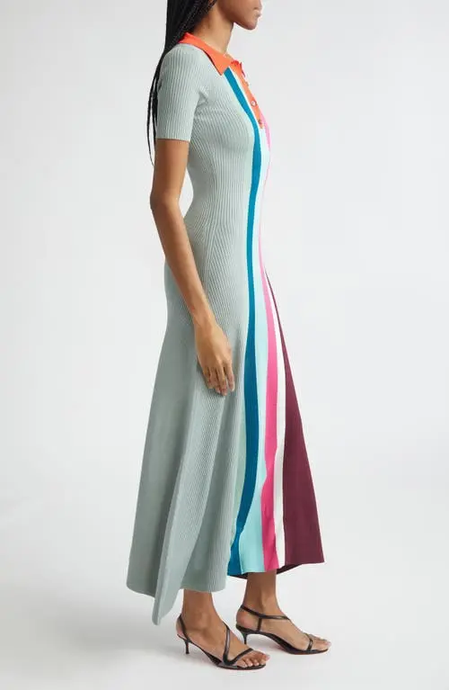 Christopher John Rogers Colorblocked Stripe Rib Polo Sweater Dress